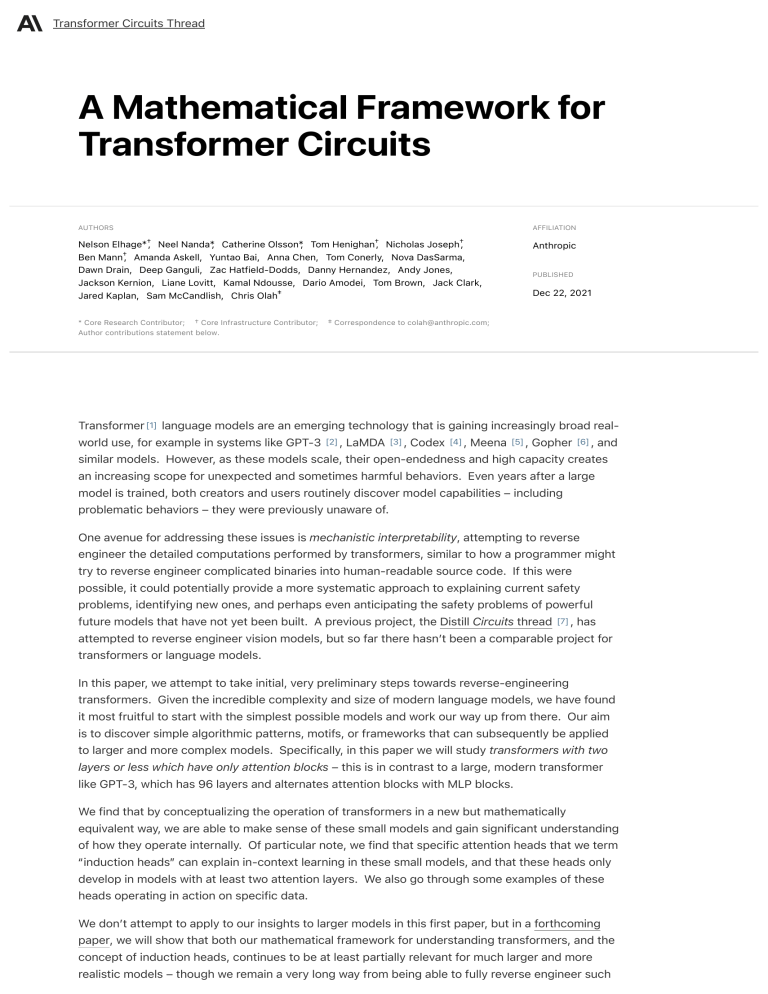 Transformer Circuits: A Mathematical Framework
