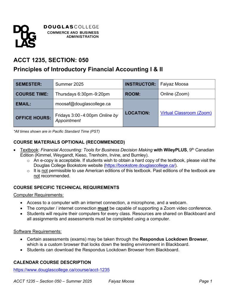 ACCT 1235 Financial Accounting Syllabus - Douglas College Summer 2025