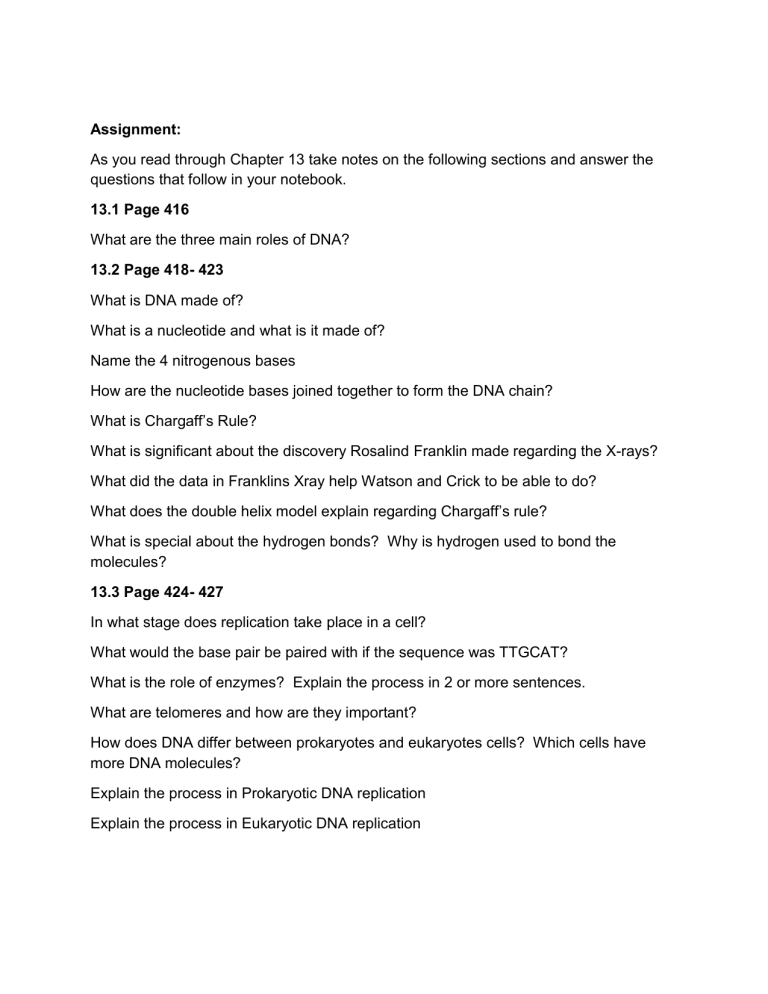 DNA: Roles, Structure, and Replication - Chapter 13 Study Guide