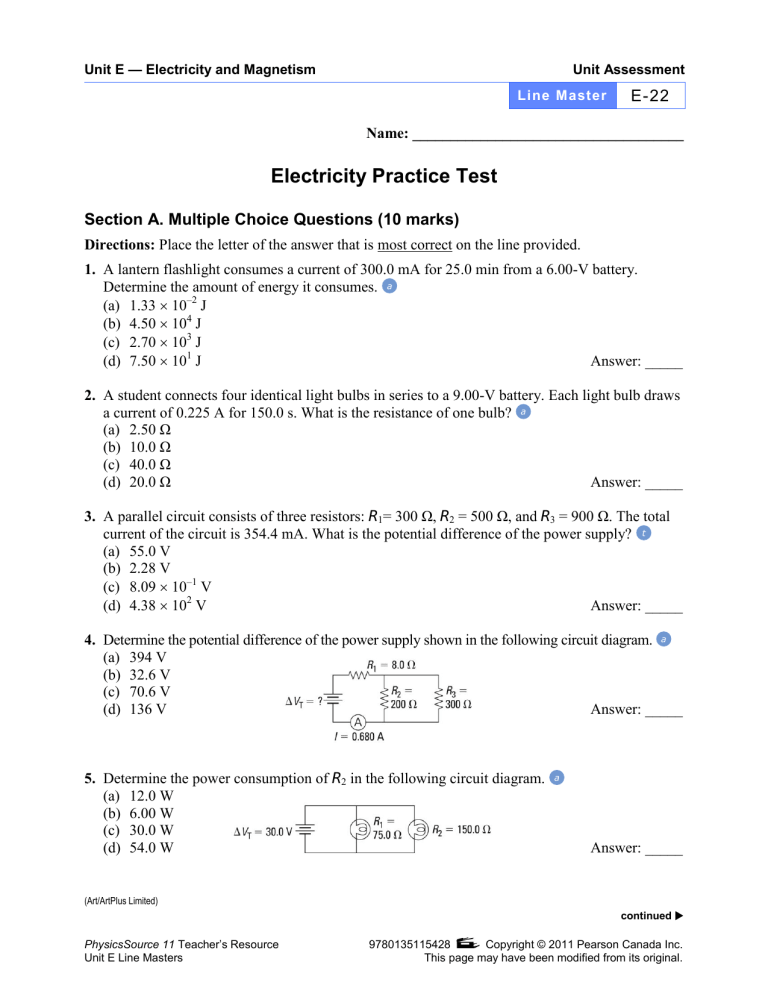 Electricity and Magnetism Practice Test - High School Physics