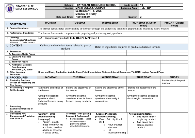 Grade 10 TLE BPP Daily Lesson Log: Pastry Terms & Ratios (2025)