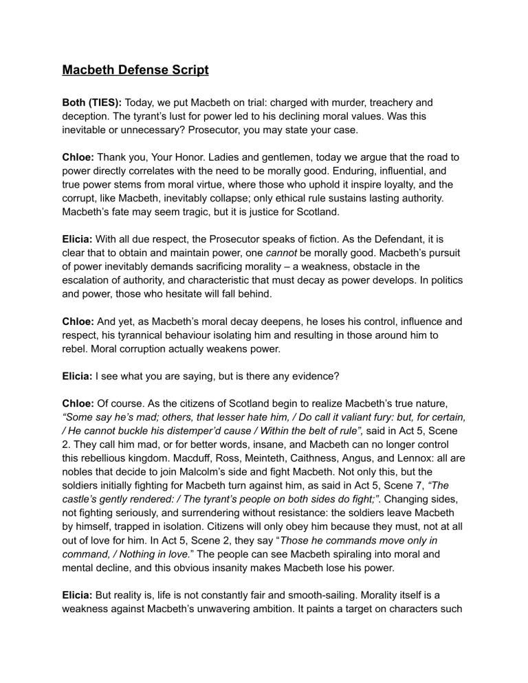 Macbeth Defense Script: Morality, Power & Tyranny in Shakespeare