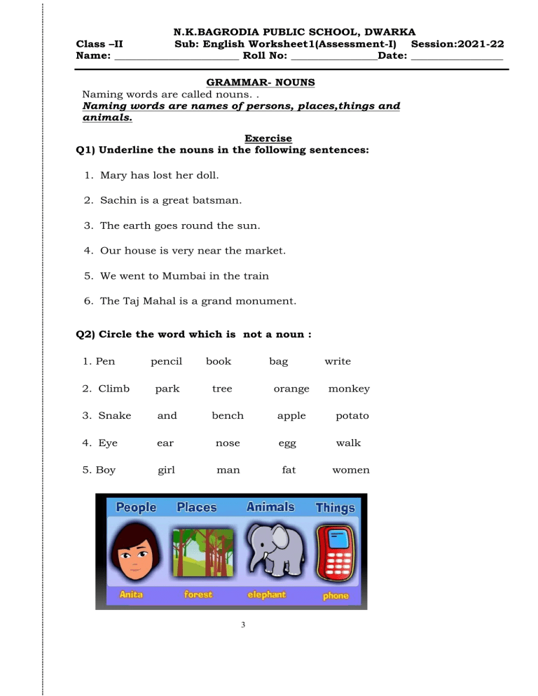 Class II English Grammar: Nouns & Articles Worksheet