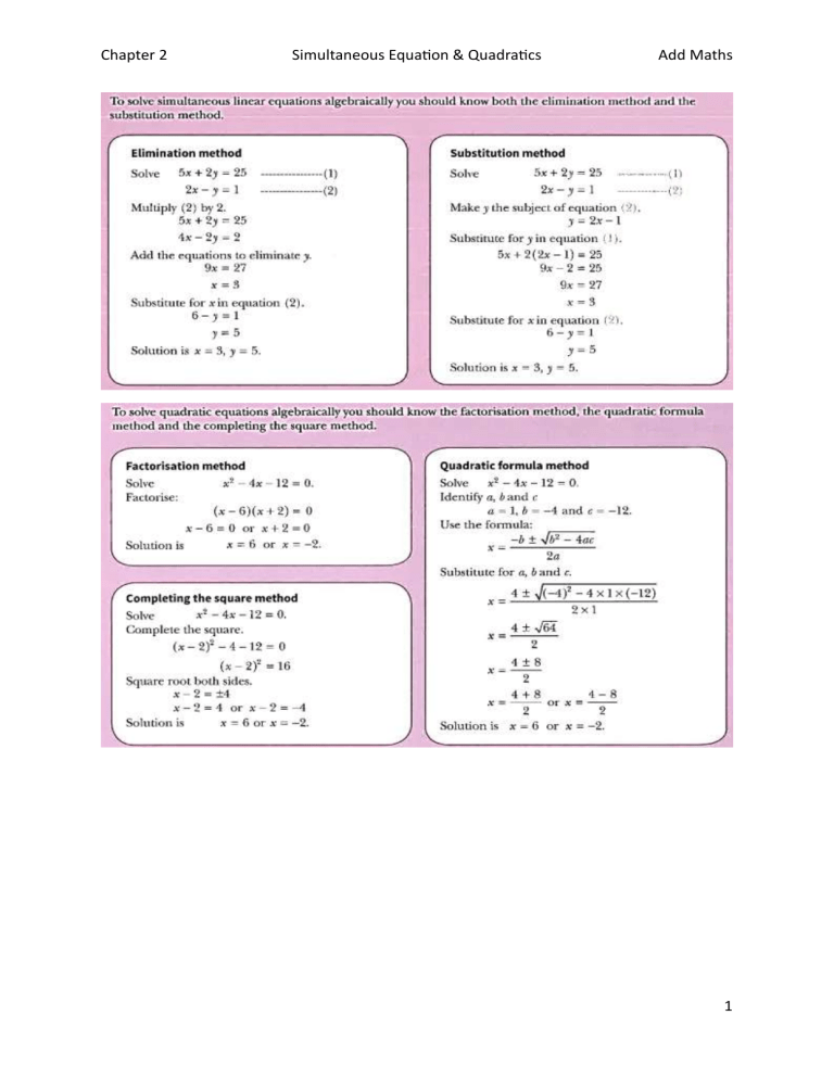 Simultaneous Equations & Quadratics - Add Maths Chapter