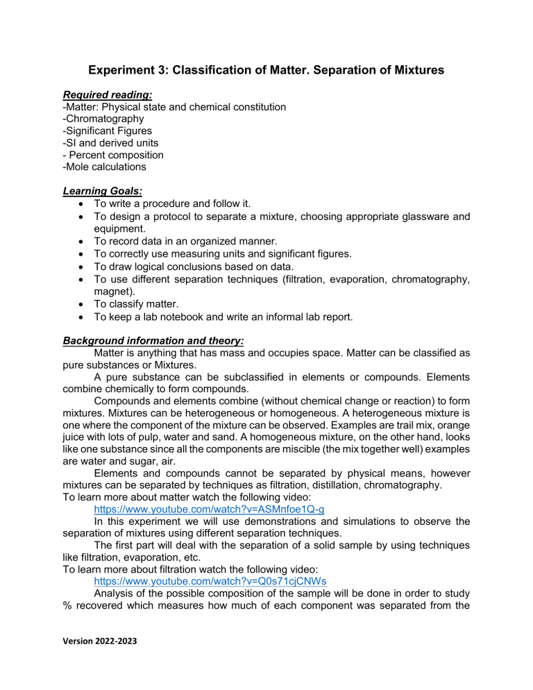 Chemistry Lab: Classification of Matter & Separation of Mixtures