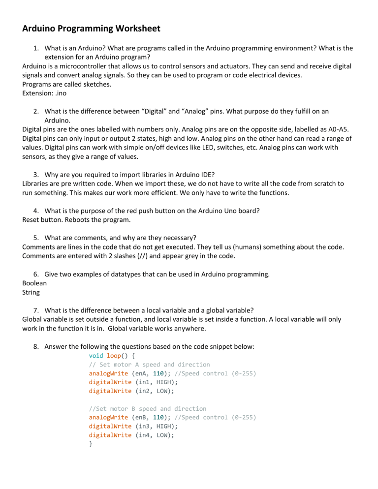 Arduino Programming Worksheet: Basics & Code Examples