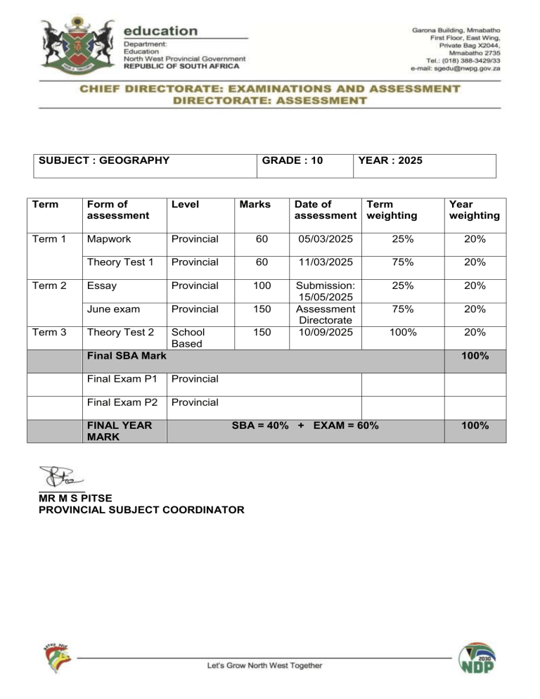 Geography Assessment Plan Grades 10-12 South Africa
