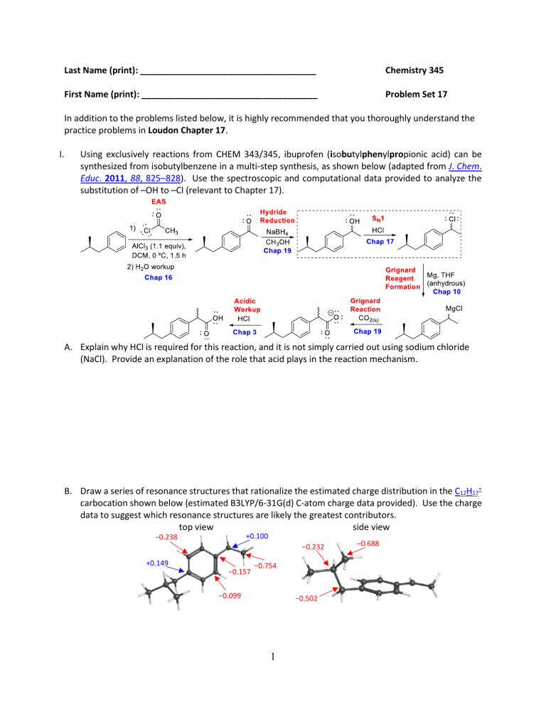 Chemistry 345 Problem Set 17: Organic Reactions & Spectroscopy