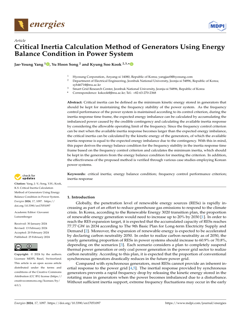 Critical Inertia Calculation for Generators Using Energy Balance in ...