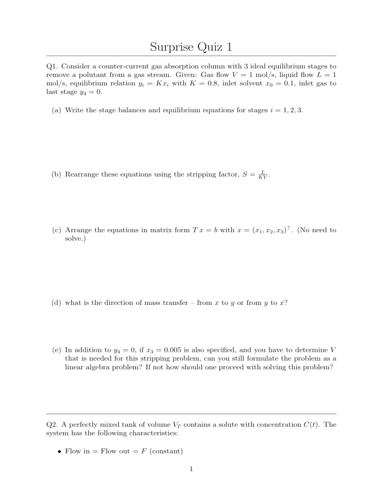 Surprise Quiz 1: Chemical Engineering & Applied Math Problems