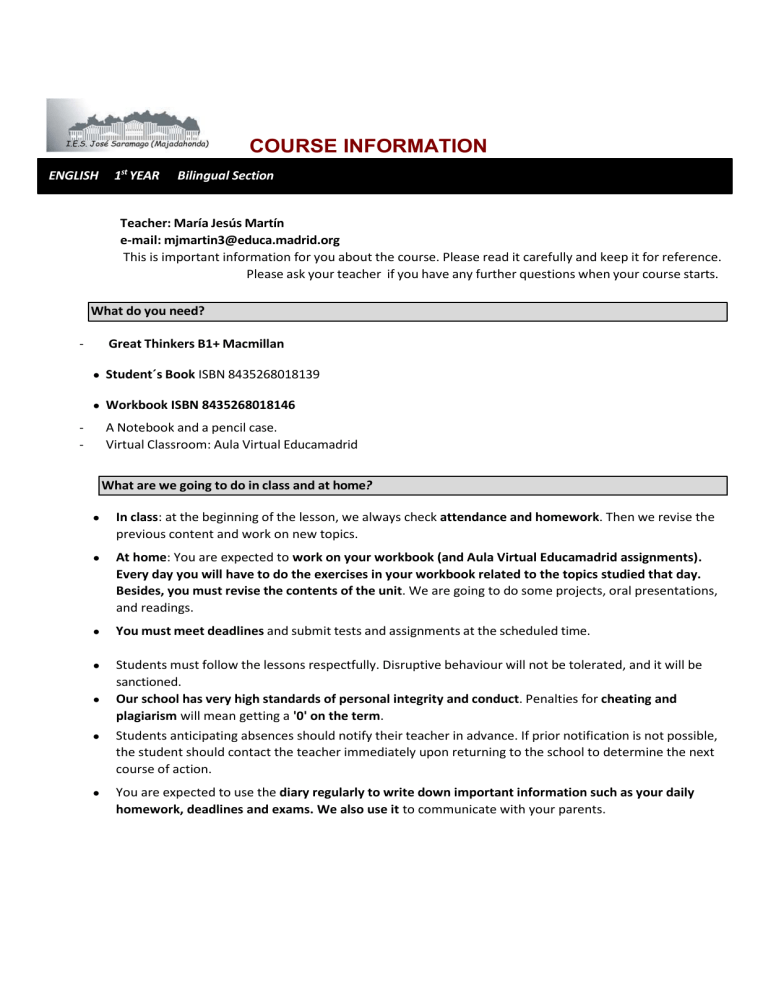 1st Year English Course Information - IES José Saramago