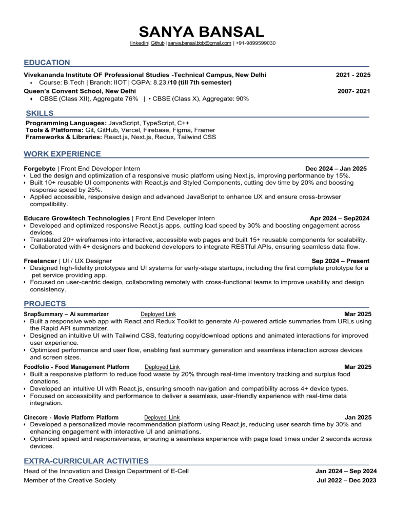 Sanya Bansal - Front End Developer Resume
