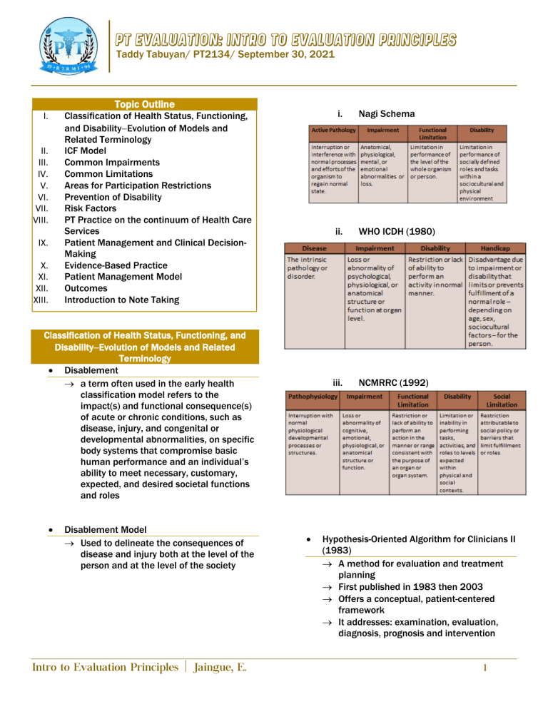 Health Status & Disability: Evaluation Principles