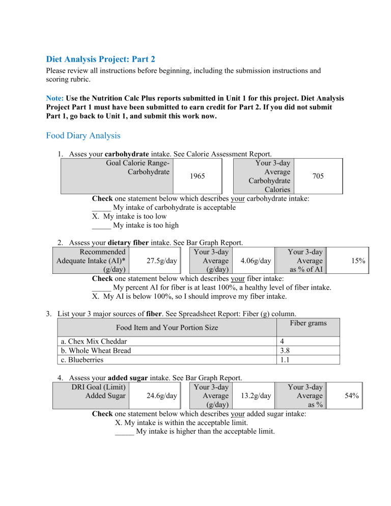 Diet Analysis Project Part 2: Nutrition Assessment