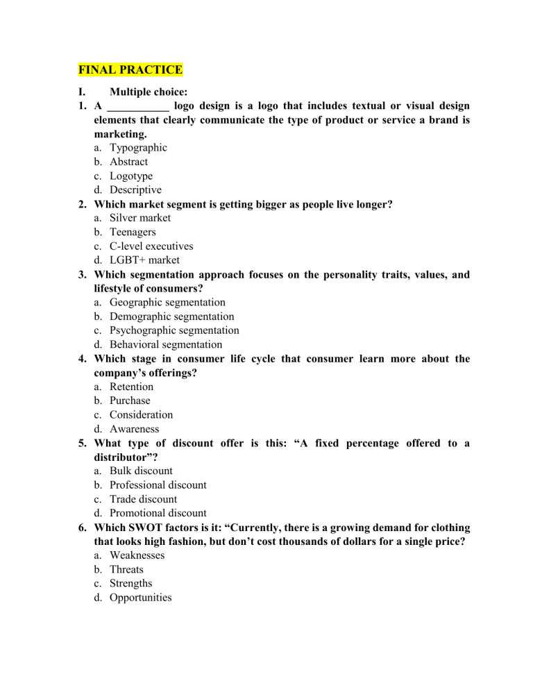 Marketing Final Practice Test: Multiple Choice & Reading Comprehension