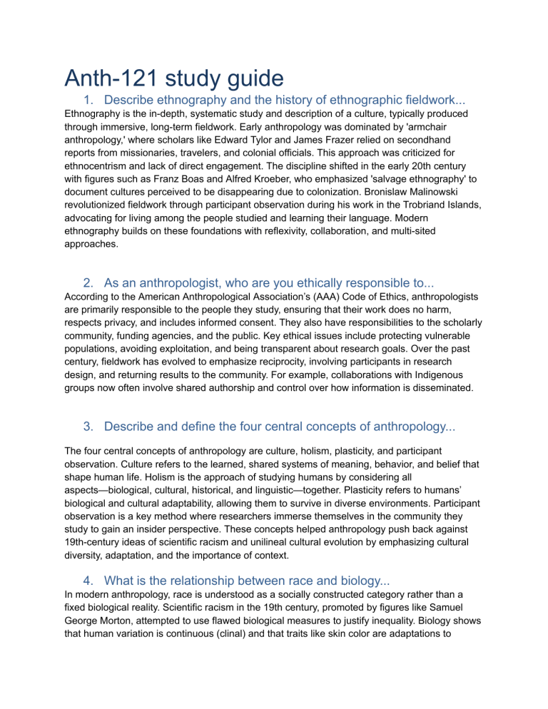 Anthropology Study Guide: Key Concepts & Theories