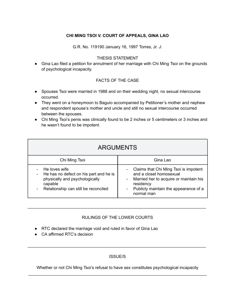 Chi Ming Tsoi v. Court of Appeals: Psychological Incapacity Case Summary