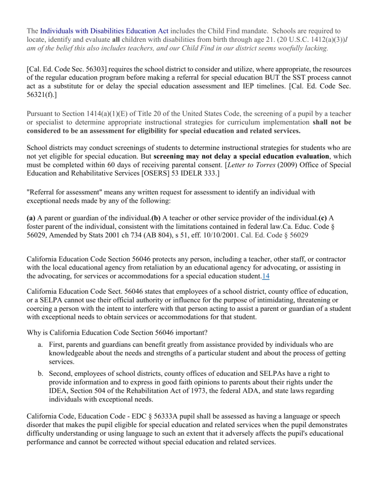 California Special Education: Child Find, Referrals & SST Process