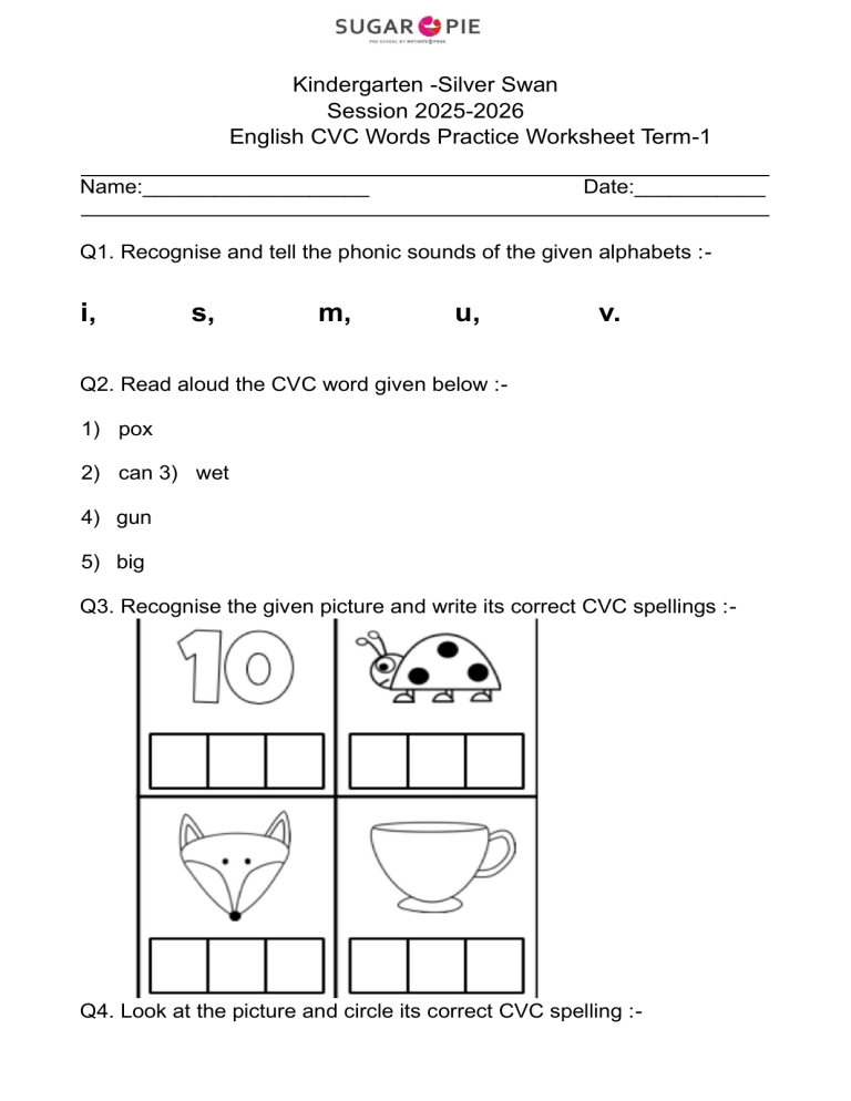 Kindergarten CVC Words Worksheet