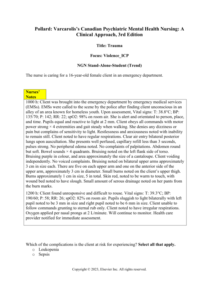 Nursing Case Study: Trauma & Complications in a 16-Year-Old ED Patient