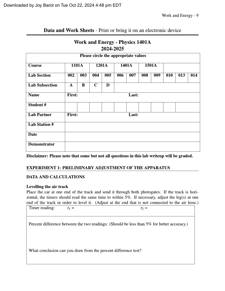 Physics 1401A Work & Energy Lab Worksheet: Air Track Experiment