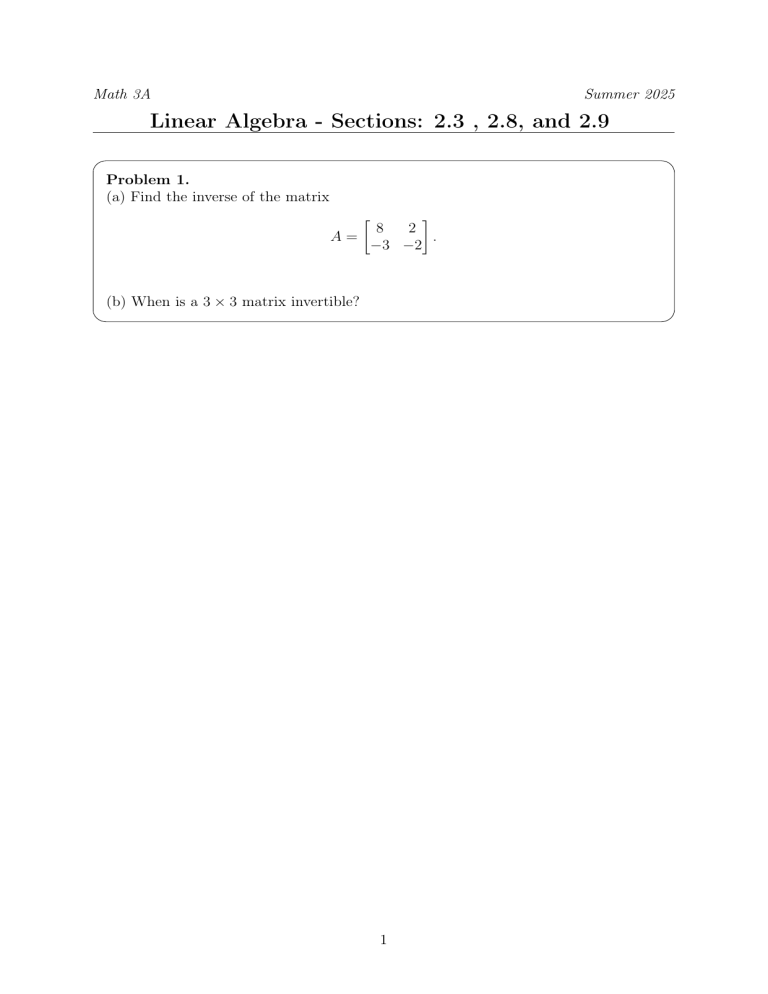 Math 3A Linear Algebra Problems: Matrix Inverse, Basis, Null Space