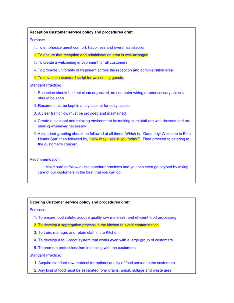 Blue Healer Spa Customer Service Policy & Procedures Drafts