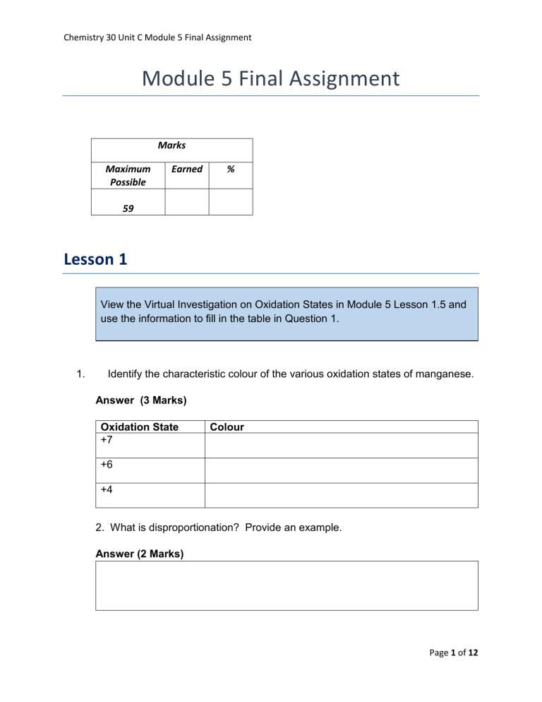 Chemistry 30: Redox Reactions & Titration Assignment