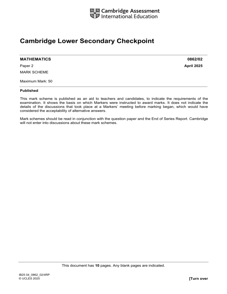 Cambridge Checkpoint Math Mark Scheme 2025