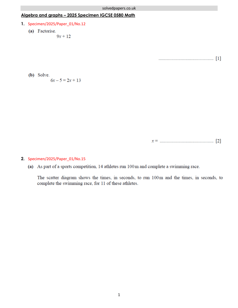 IGCSE Math: Algebra & Graphs - 2025 Specimen Paper