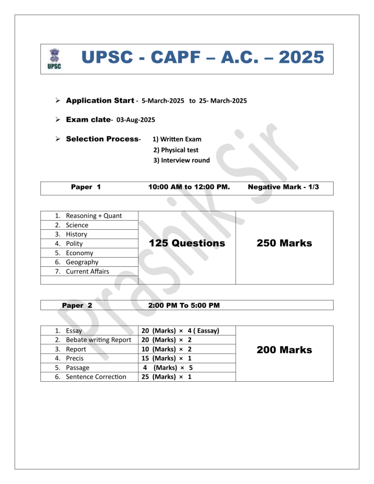 UPSC CAPF A.C. 2025 Exam Details