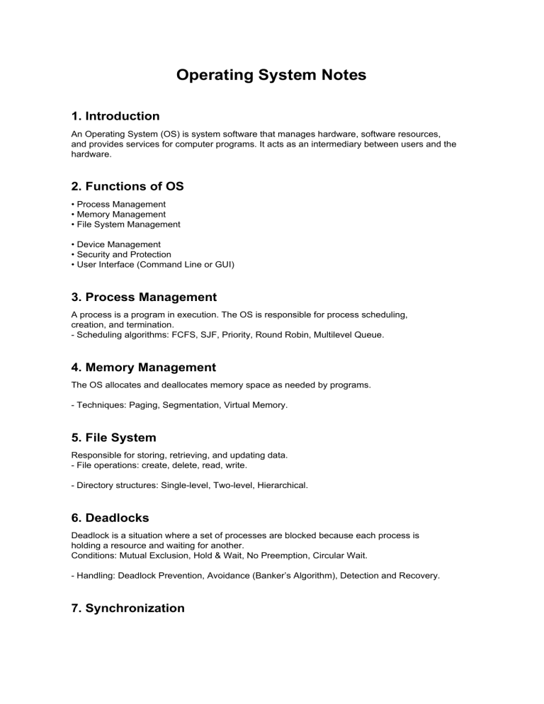 Operating System Notes: Core Concepts & Functions Explained