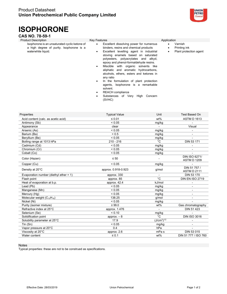 Isophorone Product Datasheet | Union Petrochemical | CAS 78-59-1