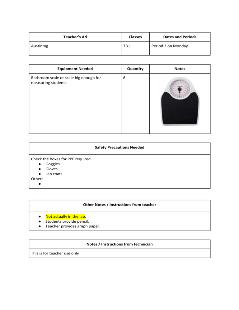 Teacher's Activity Instructions: Scale Measurement for Class 7B1