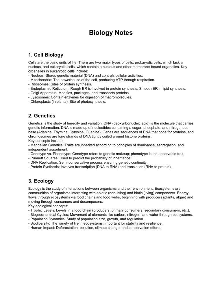 Biology Notes: Cell Biology, Genetics, Ecology Key Concepts