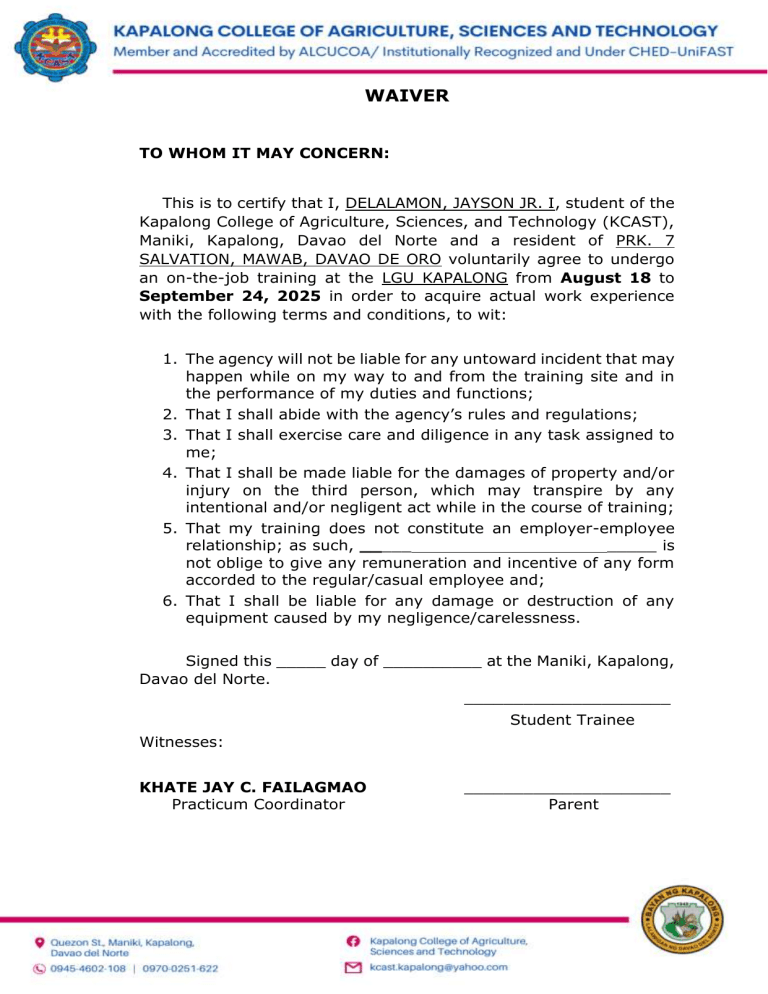 KCAST OJT Waiver & Co-Responsibility for Public Administration