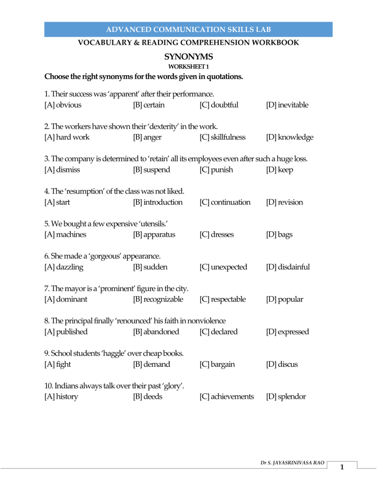 Advanced Communication Skills Lab: Vocabulary & Reading Workbook