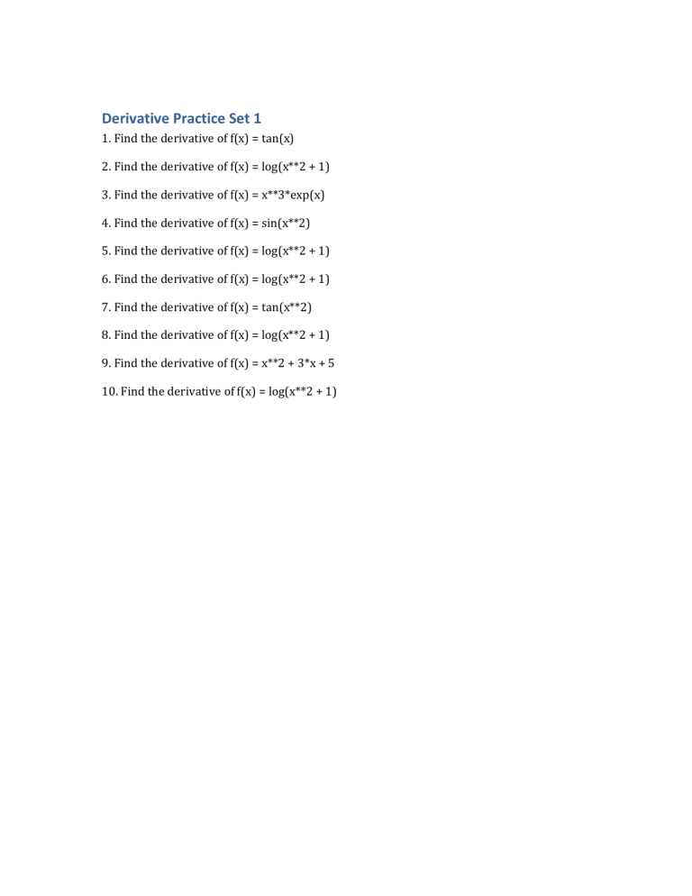 Derivative Practice Set 1: Calculus Problems for Functions