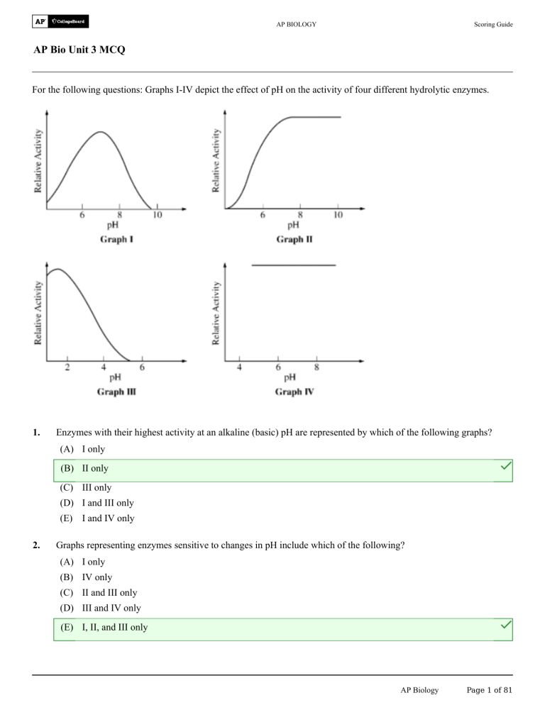 AP Biology Unit 3 MCQ Scoring Guide: Enzymes, Photosynthesis & Respiration