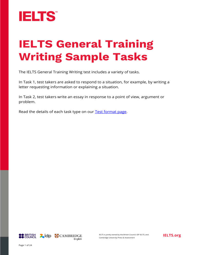 IELTS General Training Writing Sample Tasks & Examiner Comments