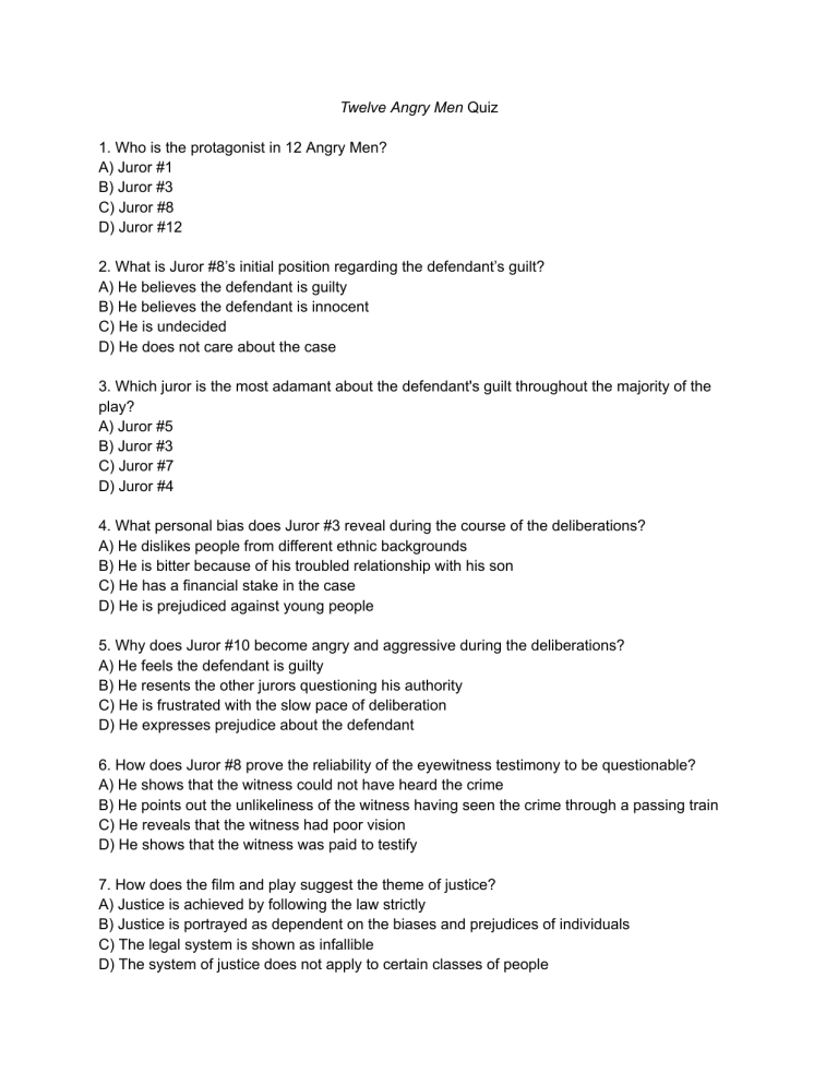 Twelve Angry Men Quiz: Character Analysis & Themes