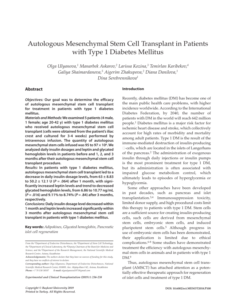 Autologous Mesenchymal Stem Cell Transplant for Type 1 Diabetes