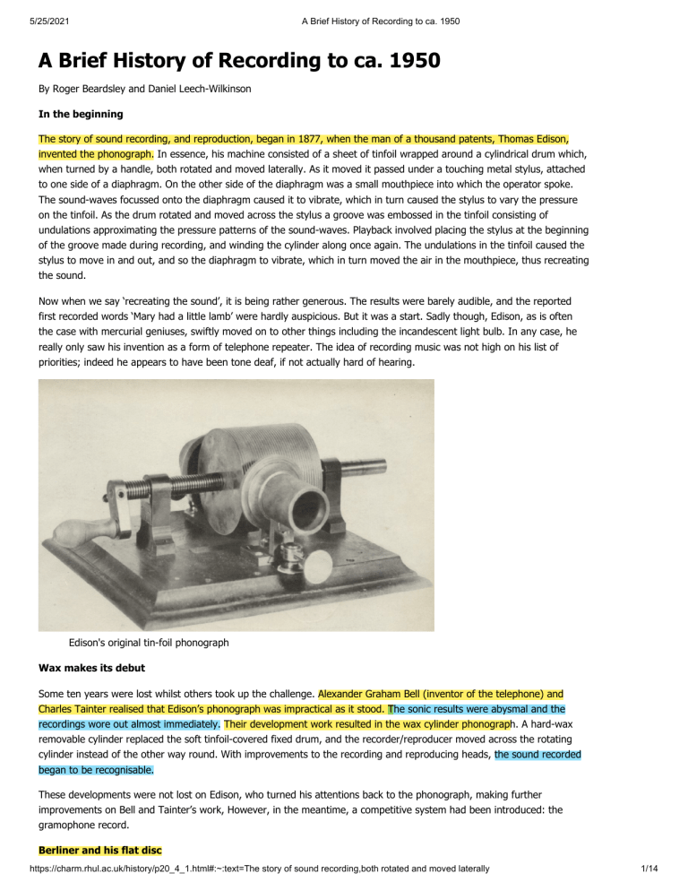 History of Sound Recording to 1950: Edison, Berliner, Bell
