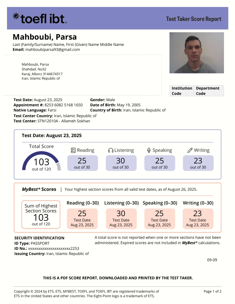 TOEFL iBT Test Taker Report - Parsa Mahboubi