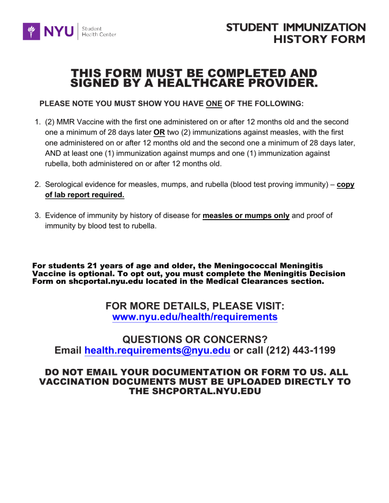 NYU Student Immunization History Form
