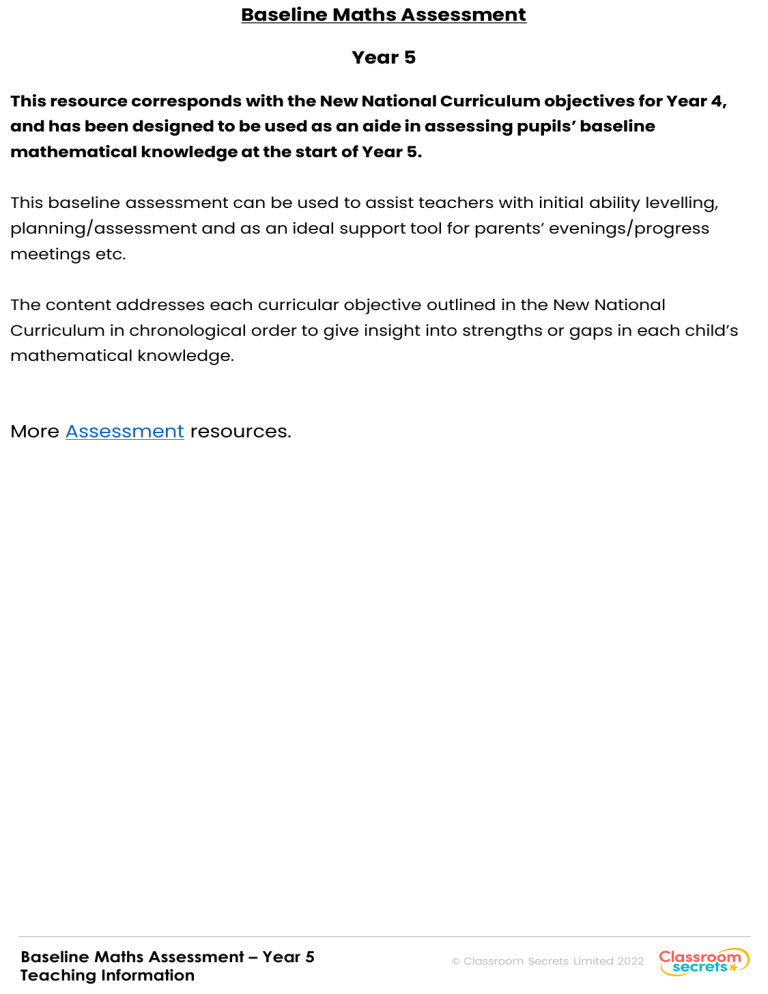 Year 5 Maths Baseline Assessment | Curriculum Objectives