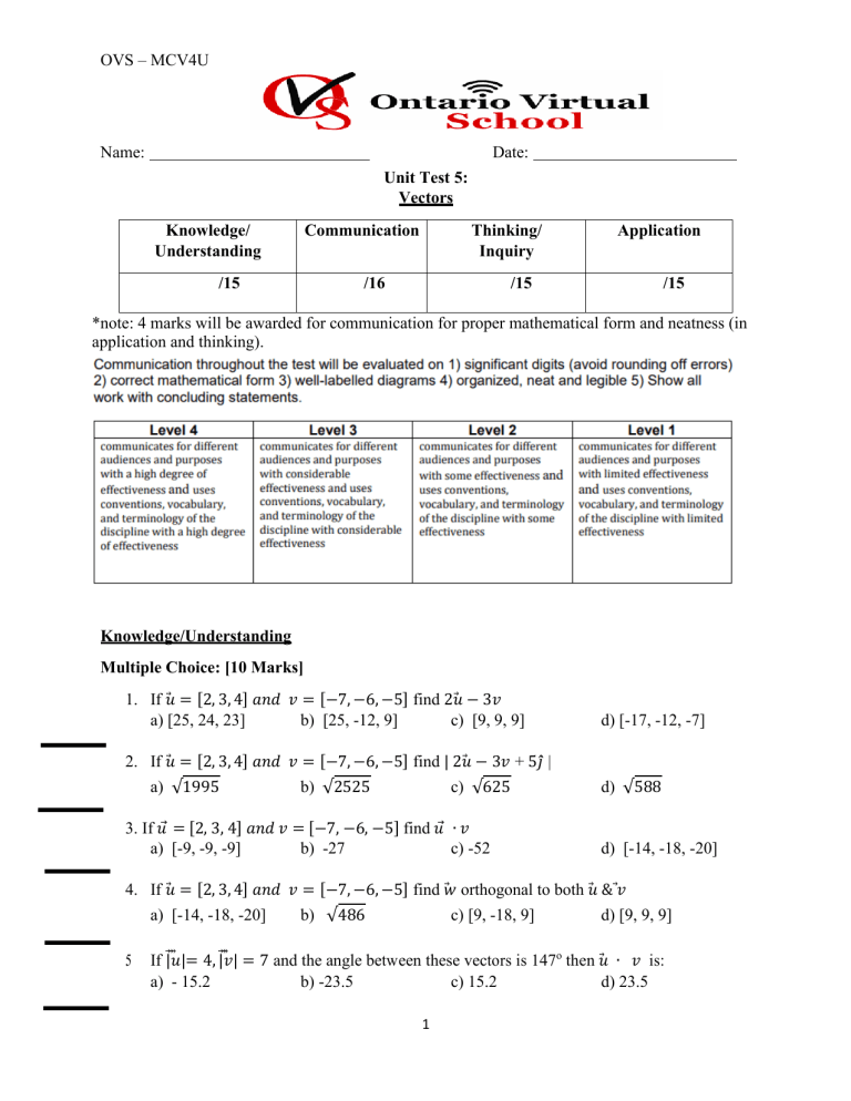Vectors Unit Test - High School MCV4U