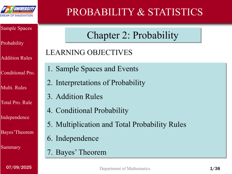 Probability & Statistics: Chapter 2 - Sample Spaces & Conditional Probability