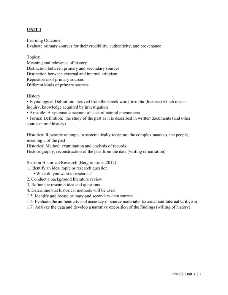 History: Primary & Secondary Sources, External & Internal Criticism