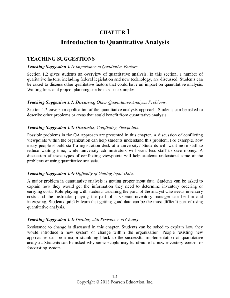 Quantitative Analysis: Teaching Suggestions & Introduction